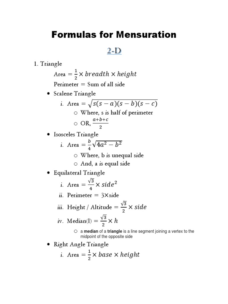 Formulas For Mensuration | PDF | Area | Triangle