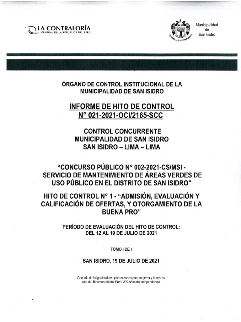 Informe de Hito de Control 021-2021-Oci-2165 | PDF