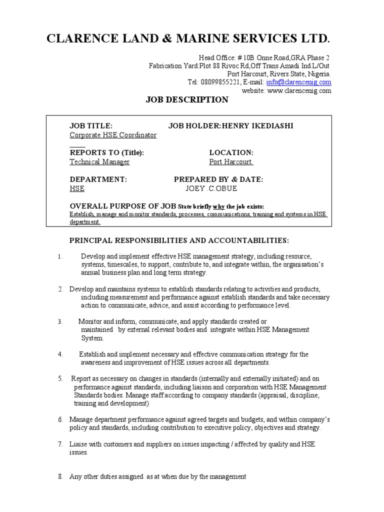 Hse Job Description | PDF | Strategic Management | Engineering