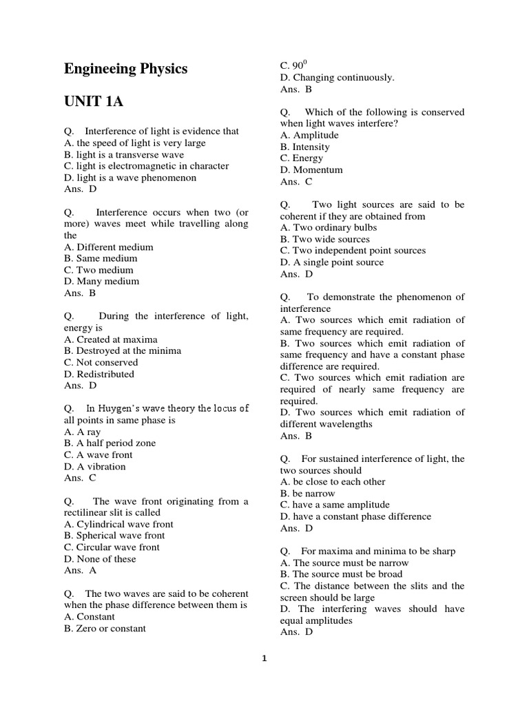 Unit 1 - Interference Diffraction and Polarization-MCQ | PDF ...