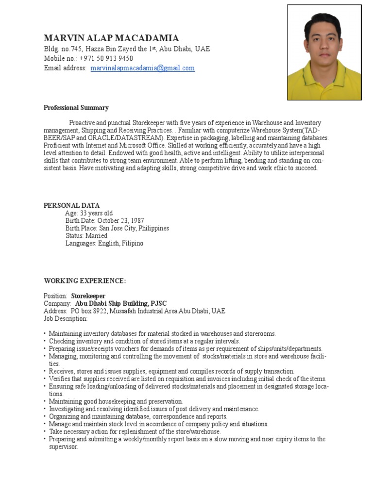 Marvin Alap Macadamia CV | PDF | Warehouse | Vehicles
