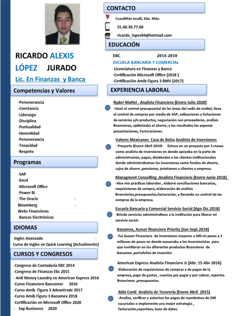 CV Ricardo López: Finanzas y Banca | PDF | Bancos | Economias