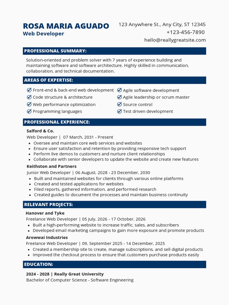 Blue Neutral Minimalist Corporate Professional Web Developer Resume | PDF