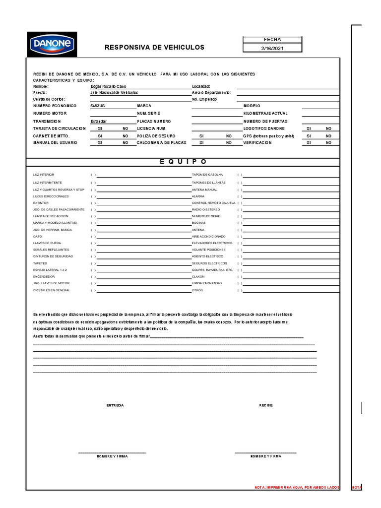 Formato de Responsiva Vehicular | PDF | Vehículos