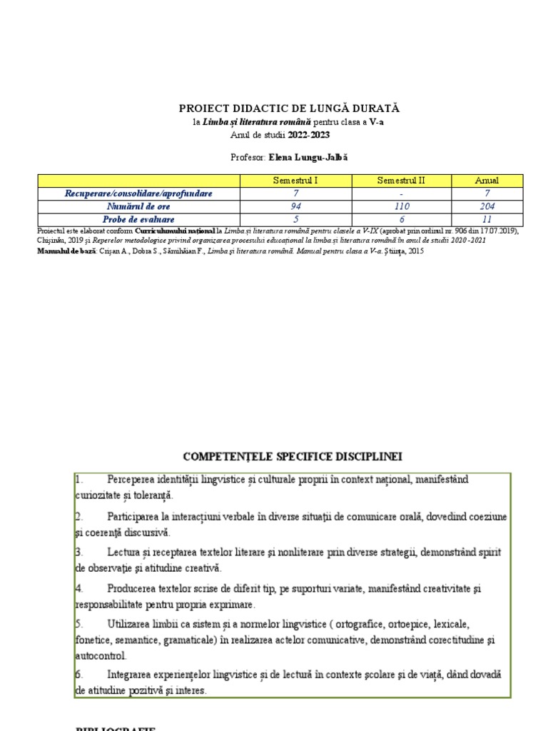 PROIECT-DE-LUNGĂ-DURATĂ,-CLASA-5-a, Limba Si Lit - Romana | PDF