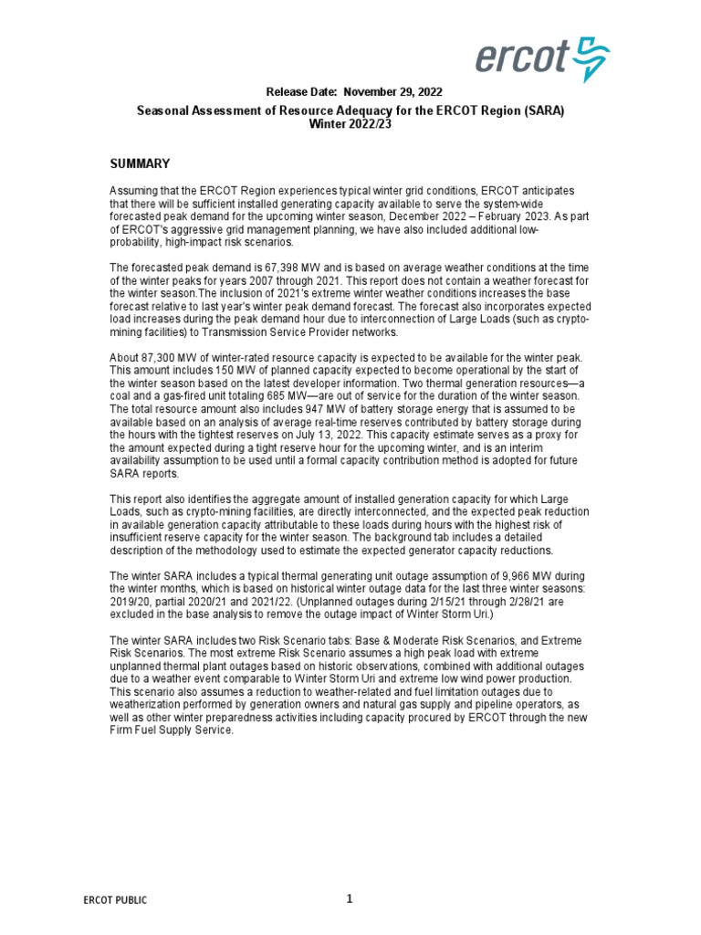 Seasonal Assessment of Resource Adequacy For The ERCOT Region (SARA ...