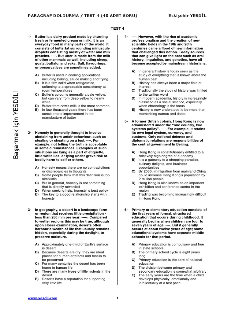 Eskişehir YESDİL Paragraph Completion Test | PDF | Butter | Chocolate