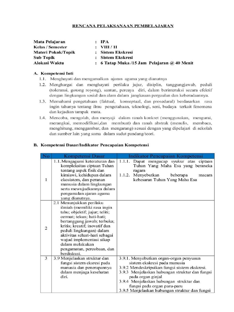 PDF RPP Ipa SMP Kelas 8 Kurikulum 2013 Bab Sistem Ekskresi - Compress | PDF