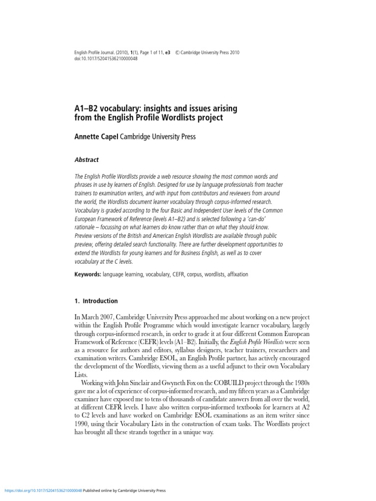 A1b2 Vocabulary Insights and Issues Arising From The English Profile ...