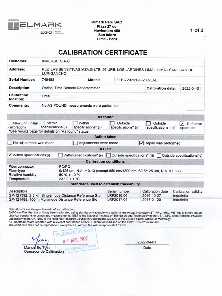 Cert. Calibracion Otdr-749483 | PDF