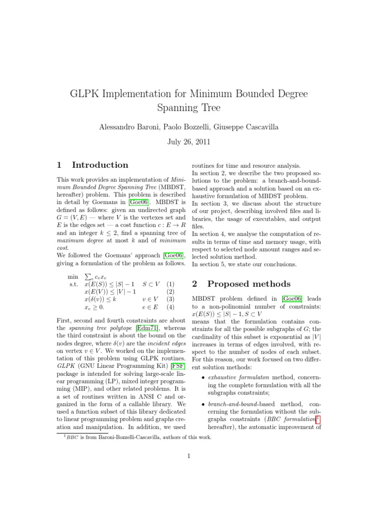 GLPK Implementation For Minimum Bounded Degree Spanning Tree | PDF ...