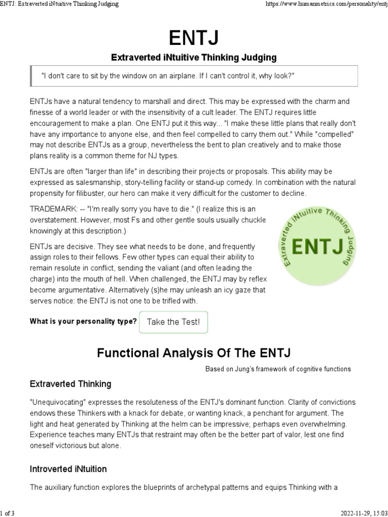 Entj Extraverted Intuitive Thinking Judging | PDF | Thought | Intuition