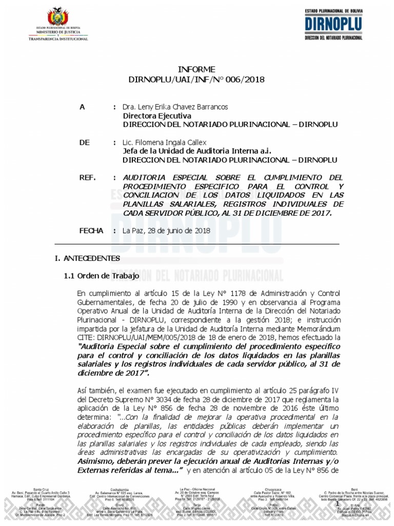 INFORME DIR 006-2018 REMITIDO CGE Planillas | PDF | Salario | Auditoría