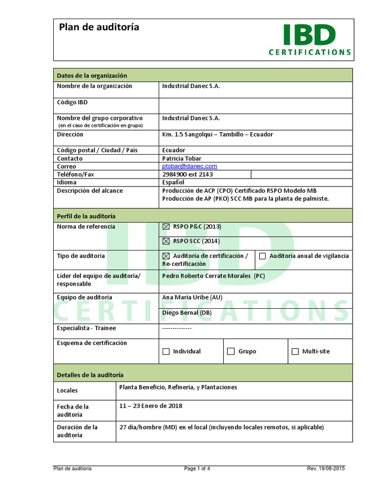 Audit Plan RSPO DANEC 6 ENERO 2018 | PDF | Auditoría | Business