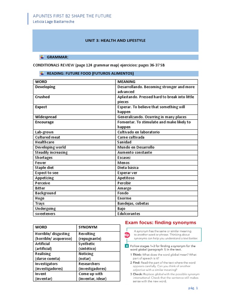 Apuntes First B2 Shape The Future Unit 3 | PDF | Food And Drink | Nutrition