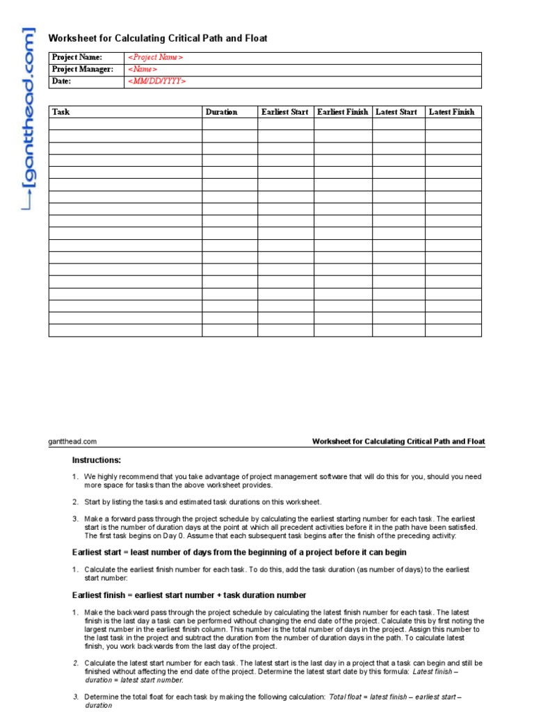 Worksheet For Calculating Critical Path and Float | Download Free PDF ...