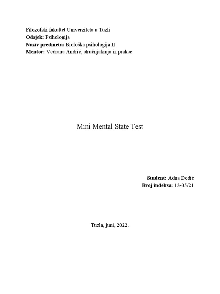 Mini Mental State - BiH | PDF