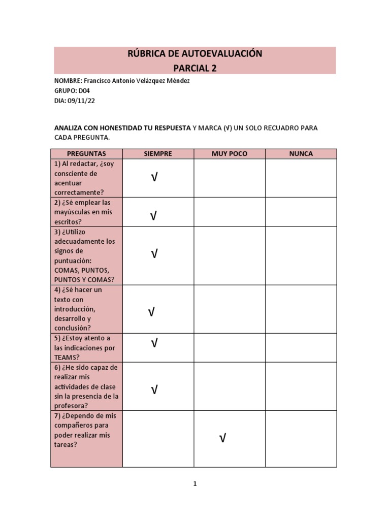 Rúbrica de Autoevaluación Parcial 2 | PDF
