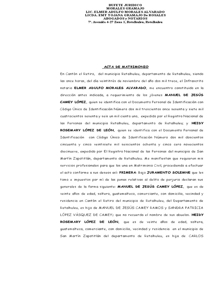 Acta de Matrimonio Jorge Luis Alonzo y Luisa Elizabeth Chacaj Mendez | PDF | Matrimonio | Guatemala