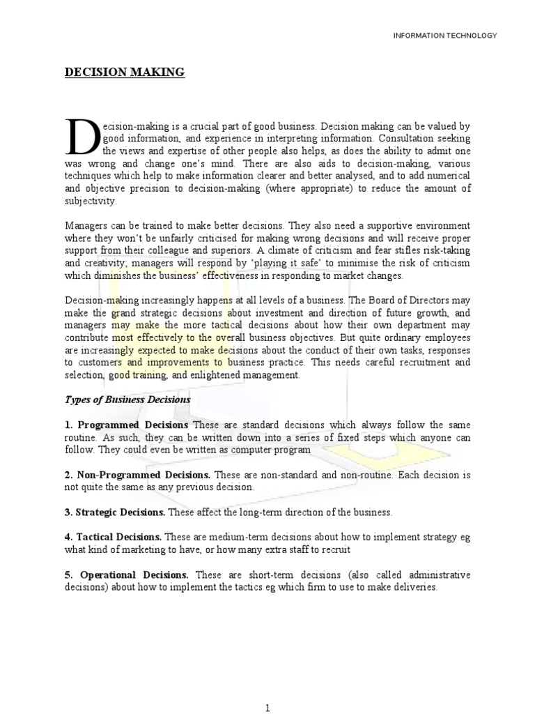 Decision Making: Types of Business Decisions | PDF | Internet Access ...