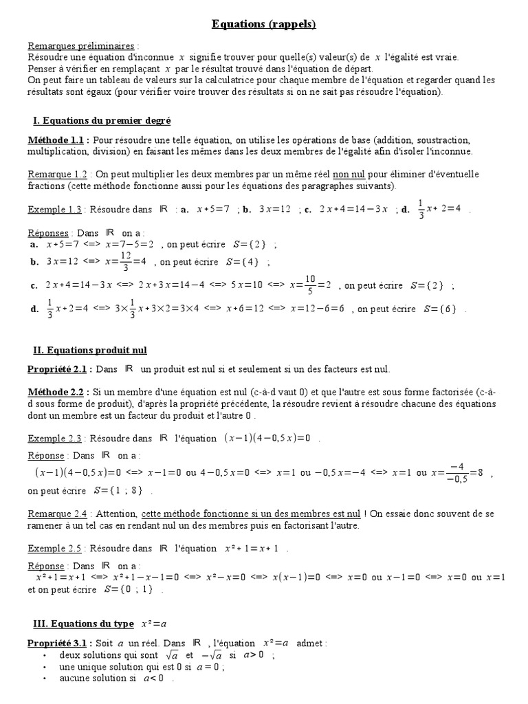 Rappel sur les équations et solutions | PDF | Racine carrée | Équations