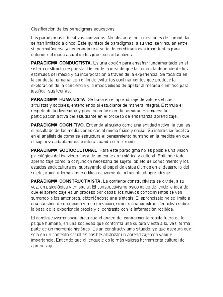 Clasificación de Paradigmas Educativos | PDF | Aprendizaje | Sicología