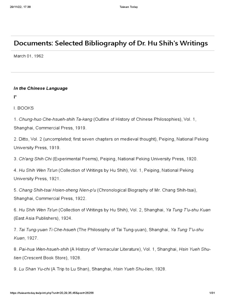 Selected Bibliography of Dr. Hu Shih's Writings | PDF | Chan Buddhism | Romance Of The Three ...