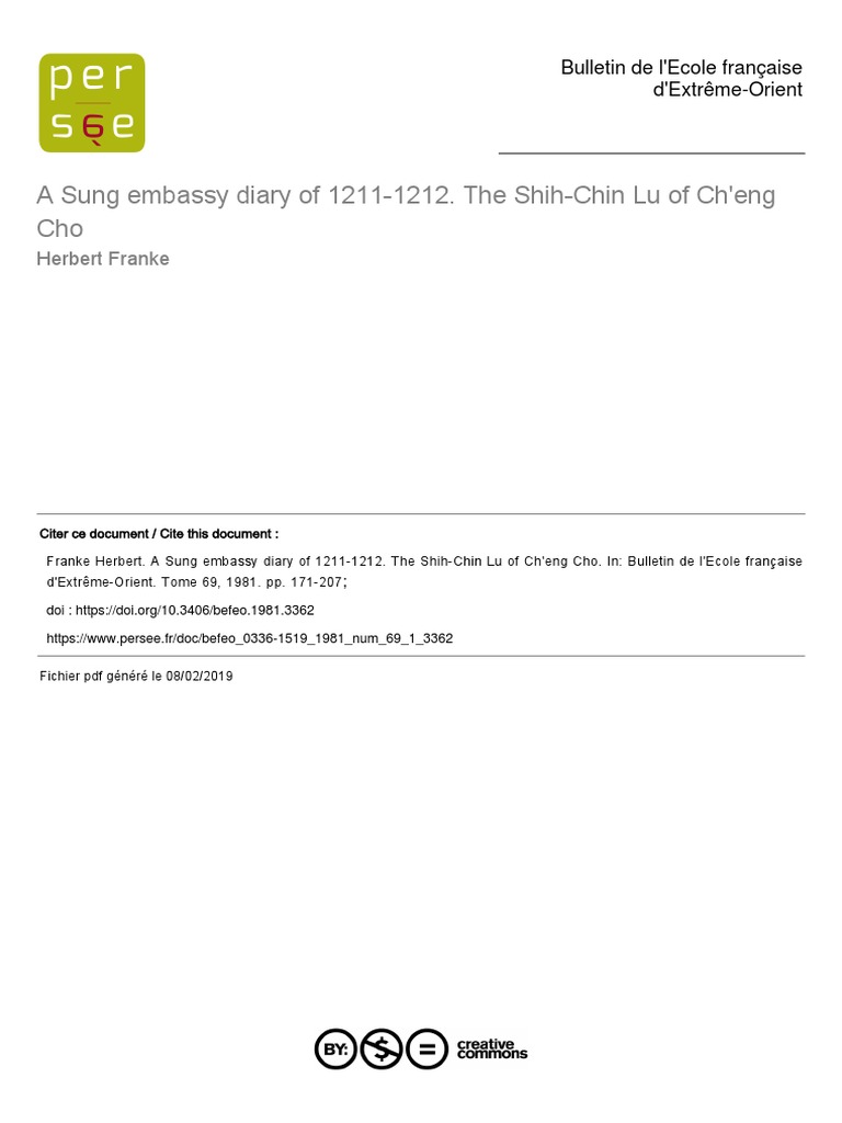 A Sung Embassy Diary of 1211-1212. The Shih-Chin Lu of Ch'eng Cho (Article) | PDF