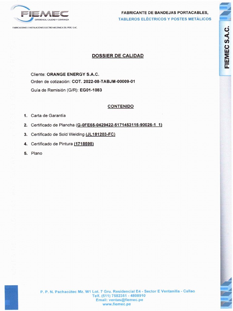 Dossier de Calidad Ot61fcodc169 | PDF