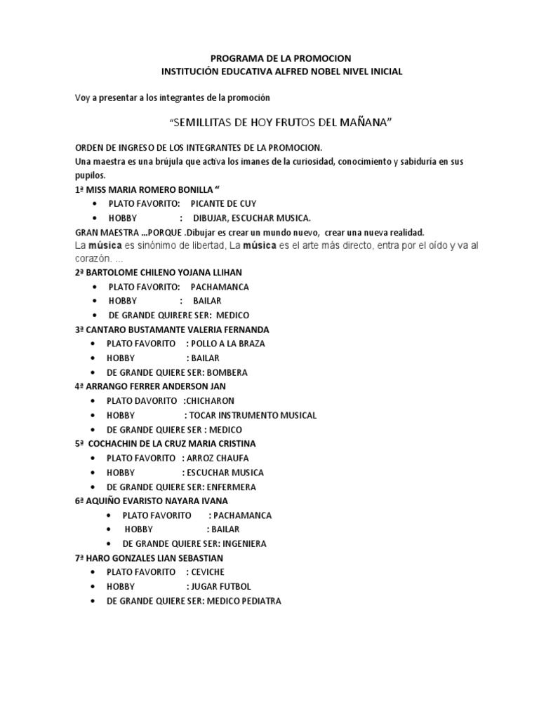 Programa-Fiesta-Promocion Alfred Nobel Inicial | PDF