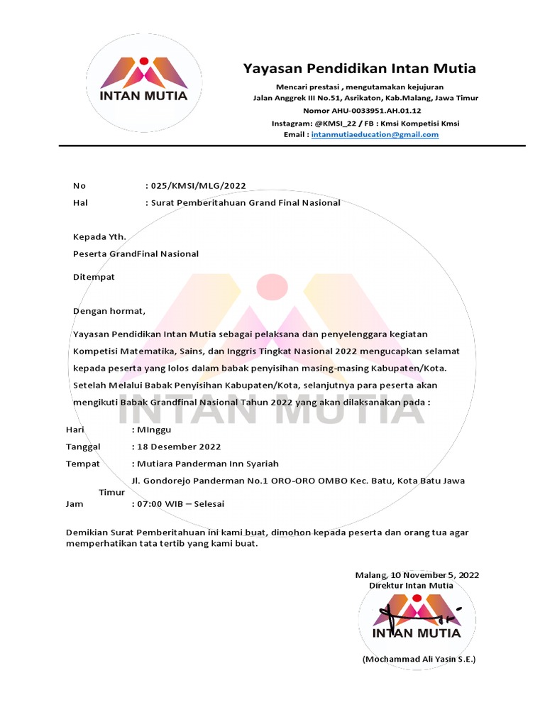Surat Pemberitahuan Grandfinal 2022 | PDF