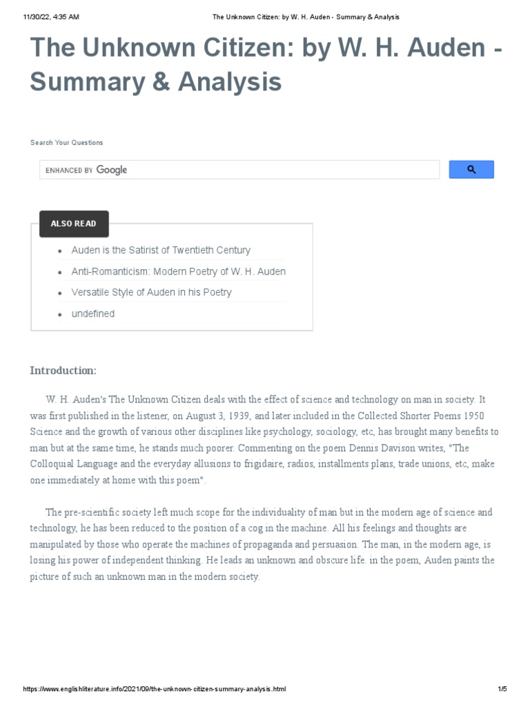The Unknown Citizen - by W. H. Auden - Summary & Analysis | PDF | Society | Poetry