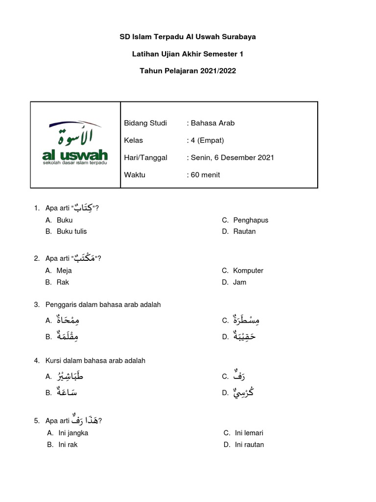 (LATIHAN2) Soal B. Arab Kelas 6 Semester 1 | PDF