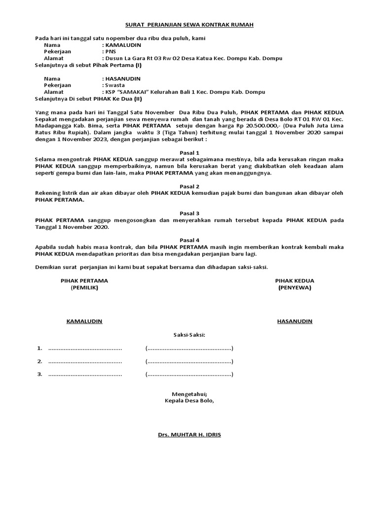 Surat Perjanjian Sewa Kontrak Rumah Pdf
