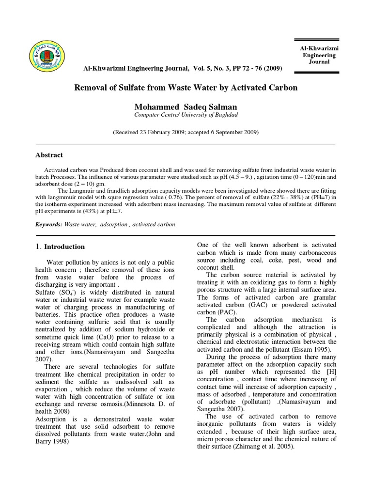 Sulfate Removal from Wastewater Using Activated Carbon | PDF ...