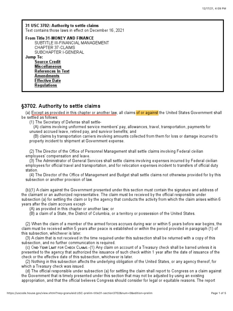 31 USC 3702 - Authority To Settle Claims (Uscode - House.gov) | PDF