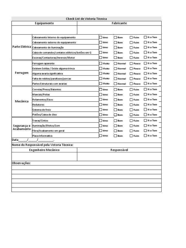Check List de Rotina - Equipamentos Mecânicos | PDF | Bens ...