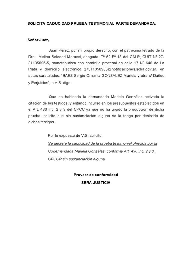 Solicita Caducidad Prueba Testimonial Parte Demandada | PDF Solicita Caducidad Prueba Testimonial Parte Demandada | PDF