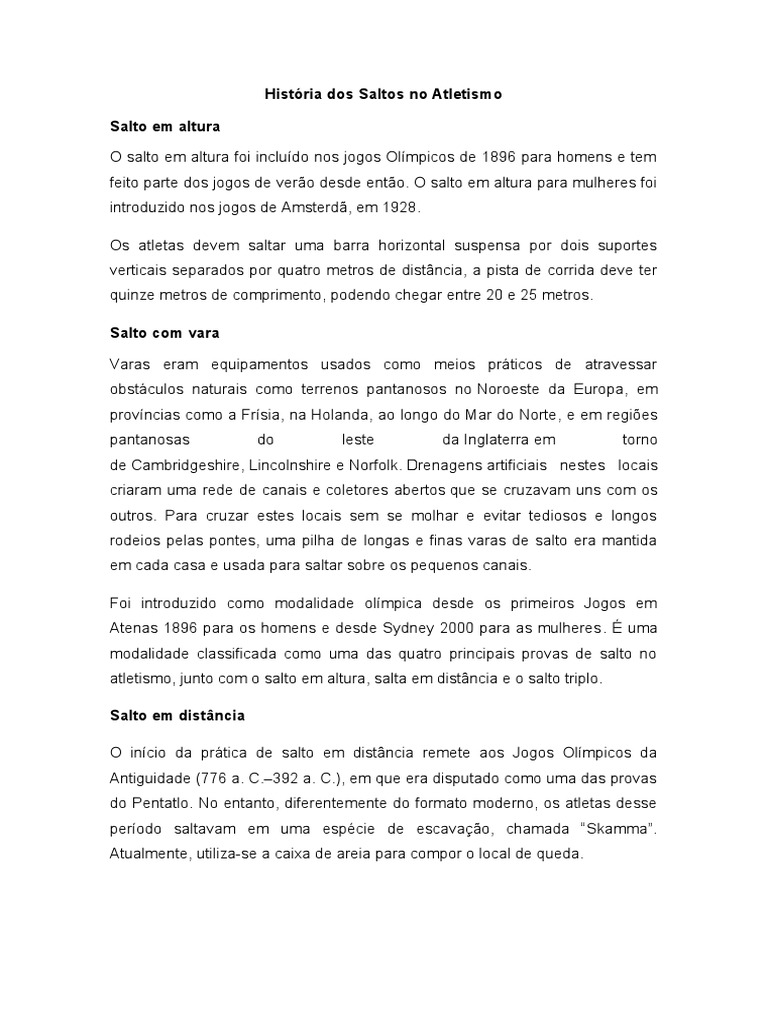 História dos Saltos no Atletismo | PDF | Atletismo (esporte)