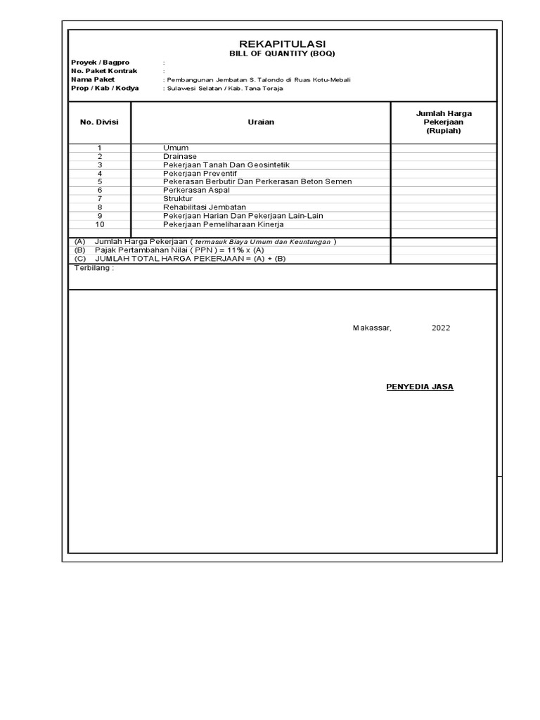 BOQ Pembangunan Jembatan S. Talondo | PDF