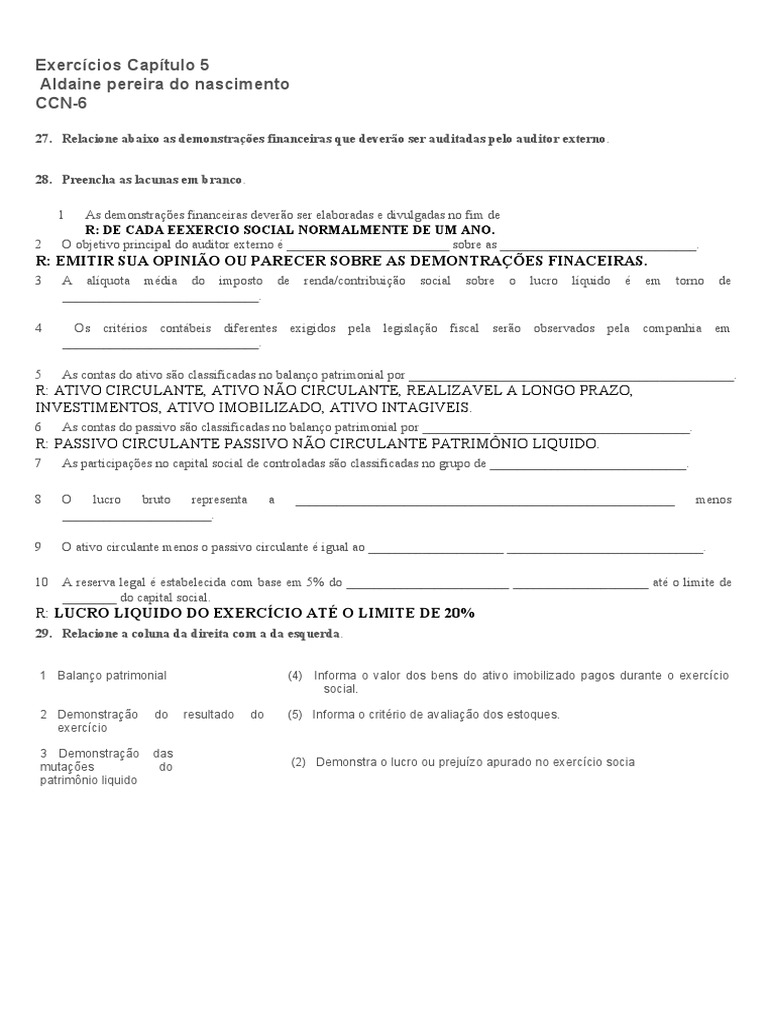 Exercícios Capítulo 5 Contabilidade | PDF | Fluxo de caixa | Balancete