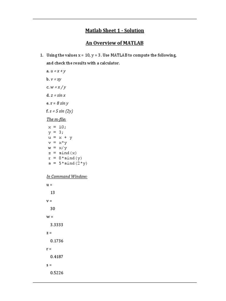 Matlab Sheet 1 Solution | PDF | Mathematics | Mathematical Analysis