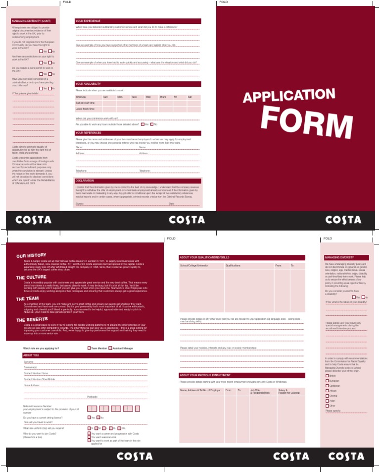 Costa Coffee Application Form | PDF | Employment | Justice