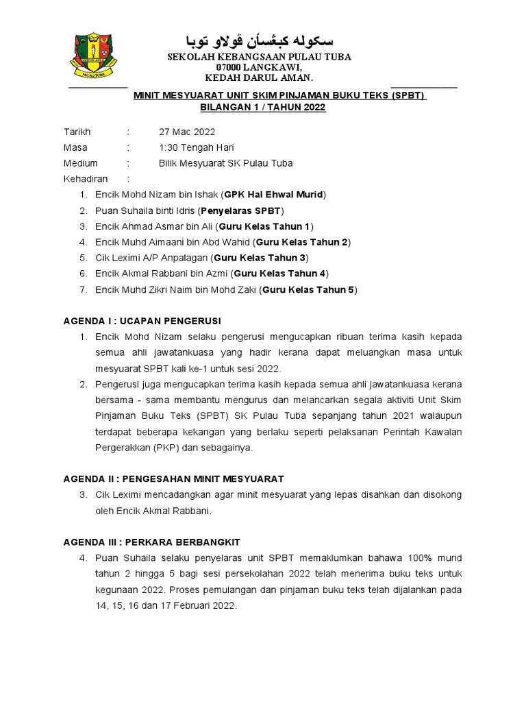 Minit Mesyuarat SPBT Bil 1 (2022) | PDF