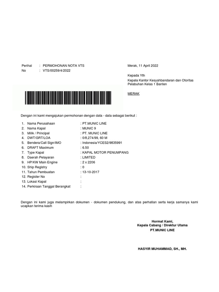 Permohonan Nota VTS Kapal MUNIC 9 | PDF | Bisnis