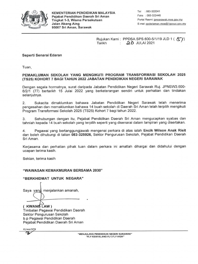 Surat Pemakluman Sekolah TS25 Kohort 7 - 2022 | PDF