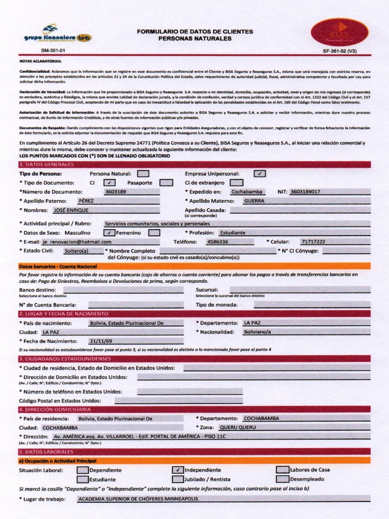 Formulario Bisa Seguros | PDF