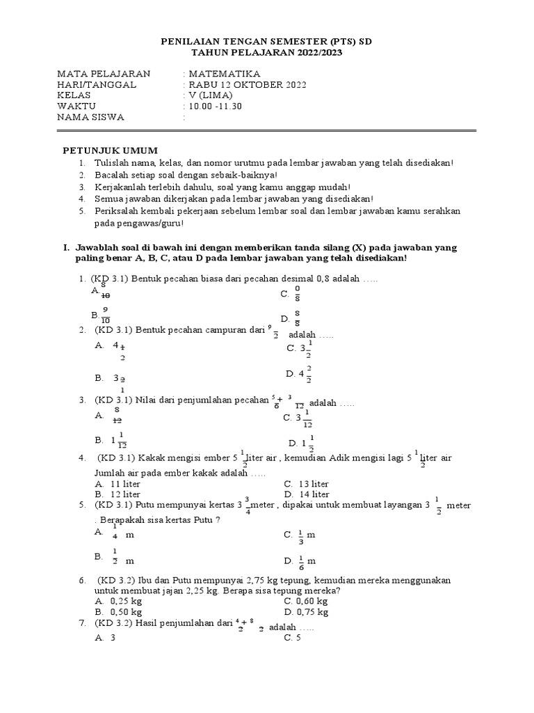Soal & Jawaban PTS Matematika Kelas 5 Semester 1 Tahun 2021 Sinau-Thewe | PDF