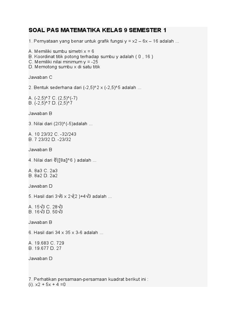 Soal Pas Matematika Kelas 9 Semester 1 | PDF