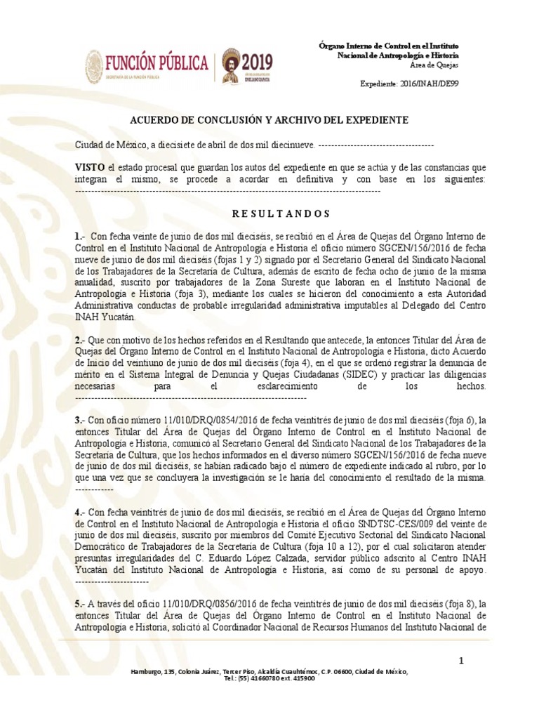 Acuerdo de Conclusión y Archivo Del Expediente | PDF | México | Gobierno